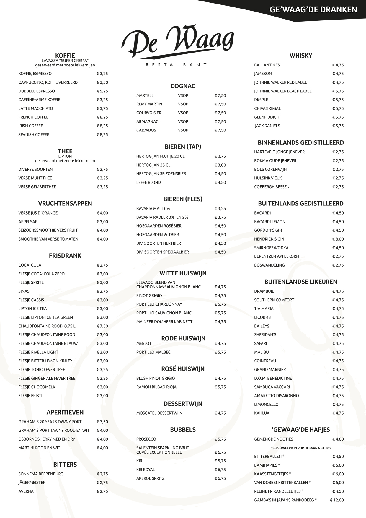 Menukaarten » Restaurant De Waag Putten